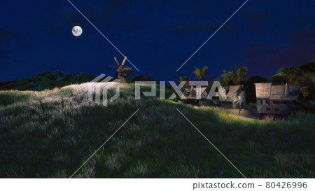 Night rural landscape with old houses and windmill - Stock Illustration ...