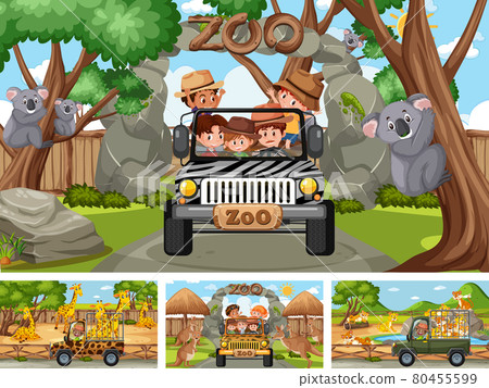Four different zoo scenes with kids and animals - Stock Illustration ...