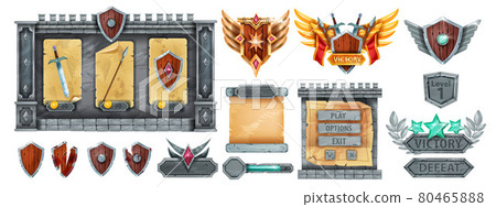 Stone medieval game kit, rock vector frame... - Stock Illustration ...