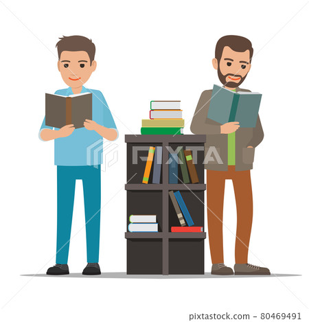 Students Reading Textbook in Library Flat Vector - Stock Illustration ...