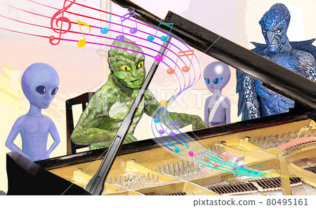 Alien playing the piano Gray Draco Repterian - Stock Illustration ...