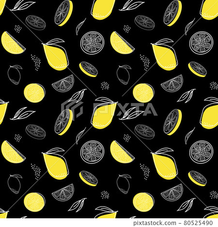 A seamless lemon pattern on black background.-插圖素材 [80525490] - PIXTA圖庫