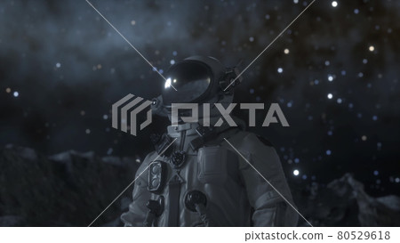 Alone astronaut stands on the surface of the... - Stock Illustration ...