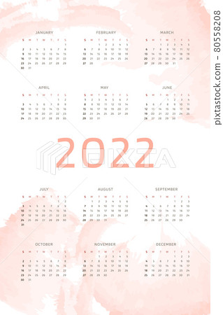 2022 calendar template on coral pink hand drawn... - Stock Illustration ...