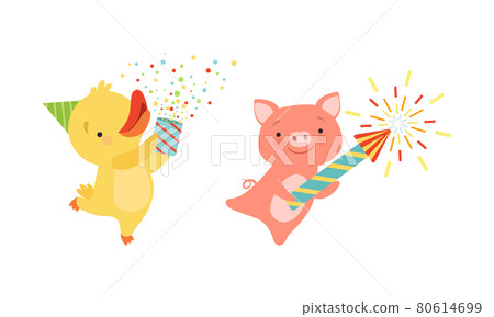 Cute Animal with Fireworks Enjoying Holiday... - Stock Illustration ...