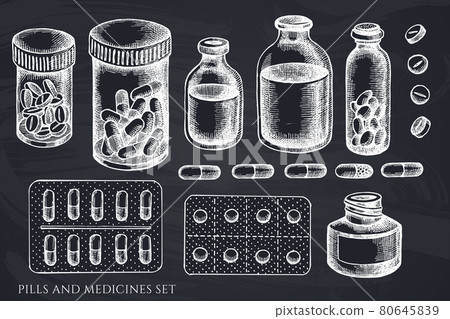 Vector set of hand drawn chalk pills and medicines - Stock Illustration ...
