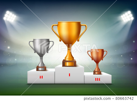 Winners gold cup, silver and bronze stand on... - Stock Illustration ...