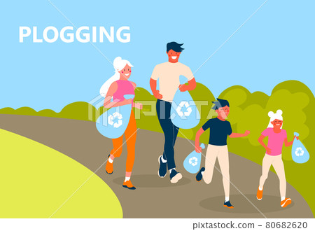 Plogging concept. A family of eco-volunteers... - Stock Illustration ...