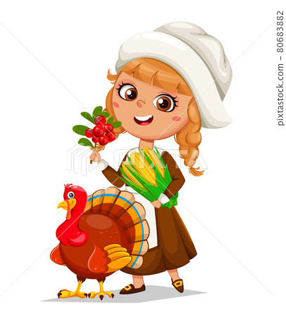 Happy Thanksgiving. Pilgrim girl and turkey bird - Stock Illustration ...