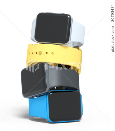 Stack of smart watches with colorful straps on... - Stock Illustration ...