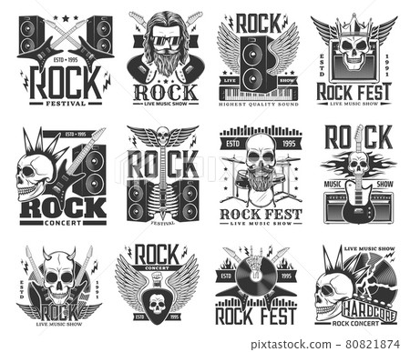 Rock music icons and symbols, guitar, skull, drum - Stock Illustration ...