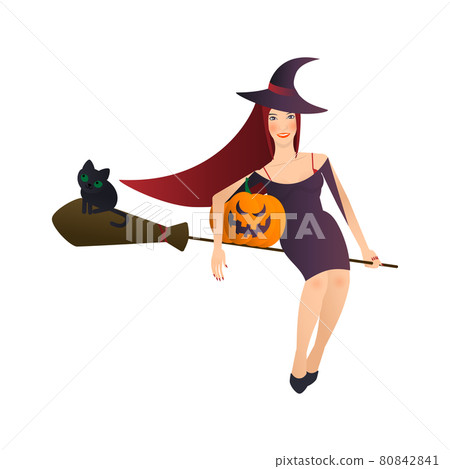 Witch on broomstick and pumpkin. - Stock Illustration [80842841] - PIXTA