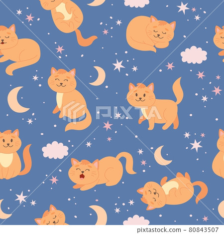 Cat pattern with moon, stars and clouds. Cute... - Stock Illustration ...
