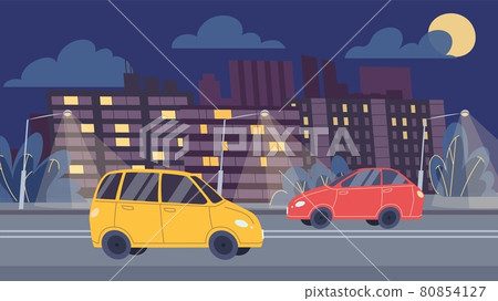 Flat cartoon cars on city night road,vector... - Stock Illustration ...
