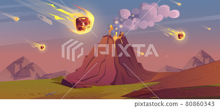 Jurassic period landscape with erupted volcano - Stock Illustration ...