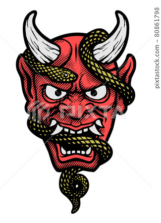 Japanese mask of a demon with a snake. Vector... - Stock Illustration ...