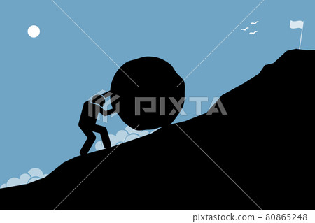 A strong man pushing a big rock up the hill to... - Stock Illustration ...