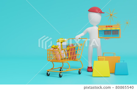 Stick man and store front with gift box and... - Stock Illustration ...