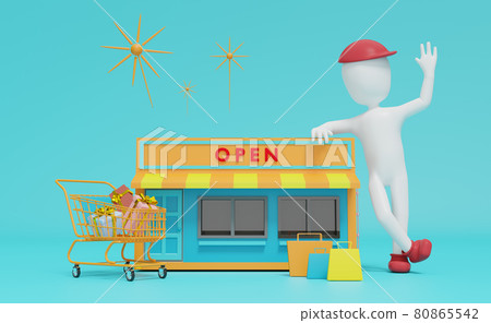 Stick man and store front with gift box and... - Stock Illustration ...