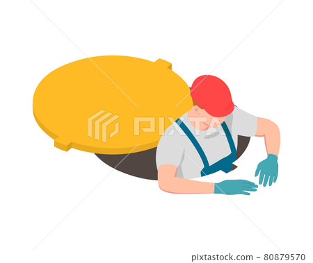 A plumber in a hard hat is working in the hatch. - Stock Illustration ...