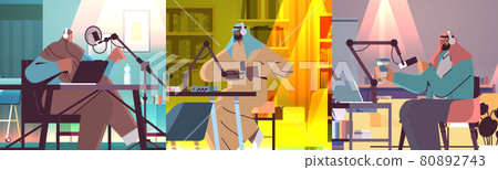set arab podcasters talking to microphones... - Stock Illustration ...