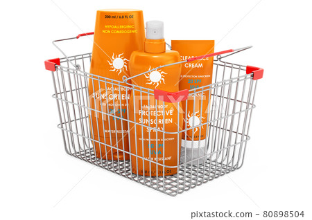 Sunscreen products with shopping basket. 3D... - Stock Illustration ...