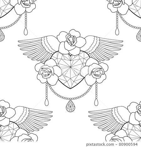 Heart and roses vector outline seamless pattern - Stock Illustration ...