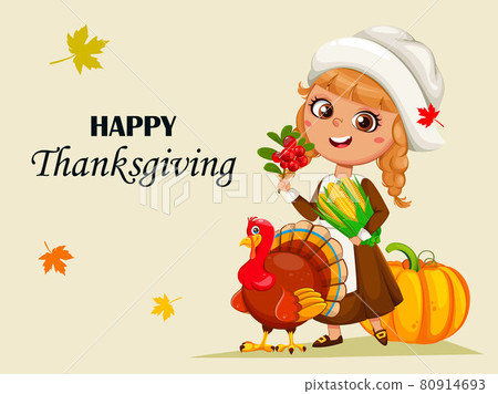 Happy Thanksgiving. Pilgrim girl and turkey bird - Stock Illustration ...