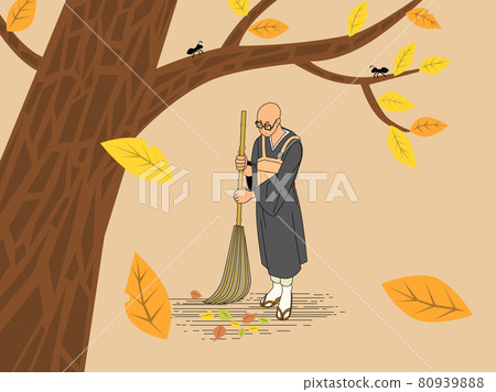 Zen monk sweeping the garden - Stock Illustration [80939888] - PIXTA