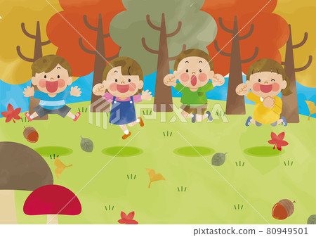 Children jumping in the autumn leaves watercolor - Stock Illustration ...