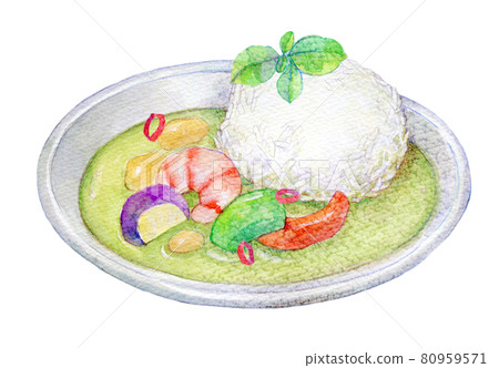 Watercolor illustration green curry Thai curry - Stock Illustration ...