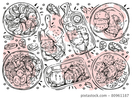 Hand drawn line vector illustration food on... - Stock Illustration ...