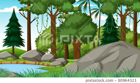 Forest at daytime scene with various forest trees - Stock Illustration ...