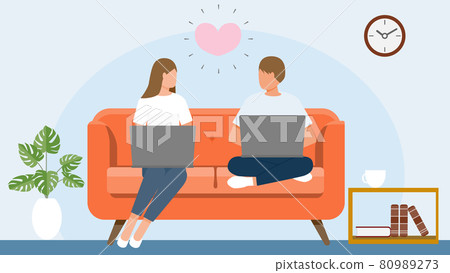 Living remote work staring at each other couple... - Stock Illustration ...