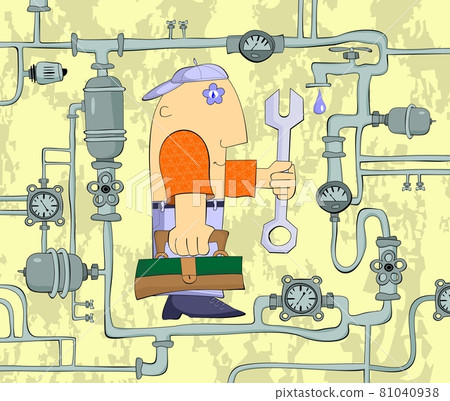 Comic mechanic repairs pipe construction - Stock Illustration [81040938 ...
