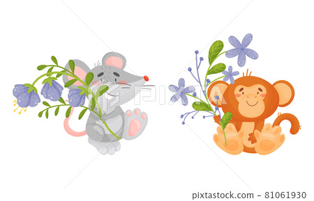 Adorable baby animals holding spring flower... - Stock Illustration ...