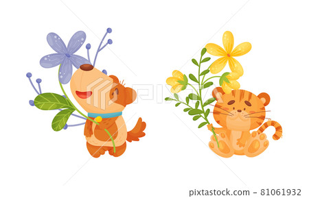 Adorable baby animals holding spring flower... - Stock Illustration ...