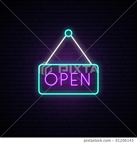 Open neon sign in a frame on brick wall... - Stock Illustration ...