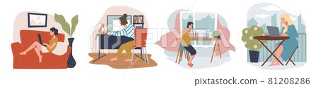 Working on computer from home, distant workers - Stock Illustration ...