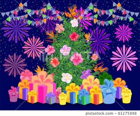 Christmas tree made of tropical monstera... - Stock Illustration ...