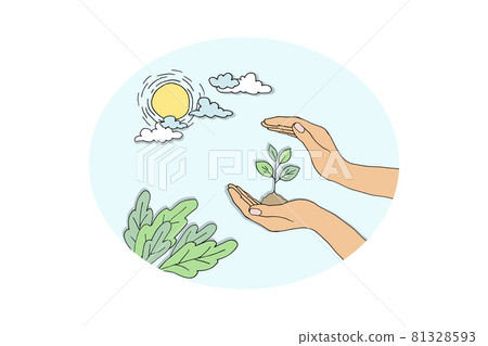 Eco cartoon hand cares plant sprout.... - Stock Illustration [81328593 ...