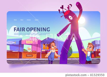 Fair opening cartoon landing page. Kids at... - Stock Illustration ...