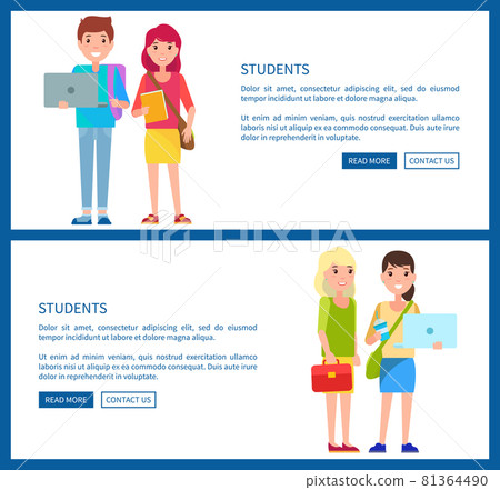 Students Boy and Girls Cartoon Style Web Posters - Stock Illustration ...