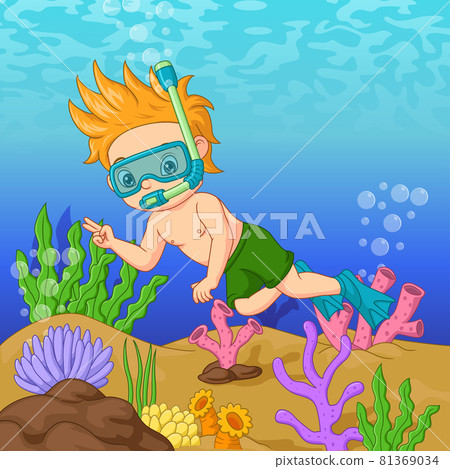 Cartoon little boy wearing diving mask swims... - Stock Illustration ...