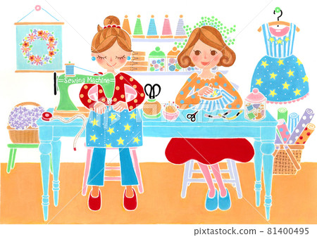 Two girls enjoying sewing - Stock Illustration [81400495] - PIXTA