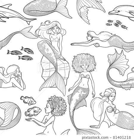 The group of graphic mermaids with the diverse... - Stock Illustration ...