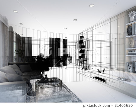 sketch design of interior living, 3d rendering - Stock Illustration ...