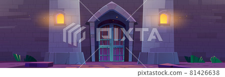 Medieval castle gate at night, palace exterior - Stock Illustration ...