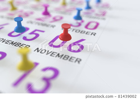 November 6 date and push pin on a calendar, 3D... - Stock Illustration ...