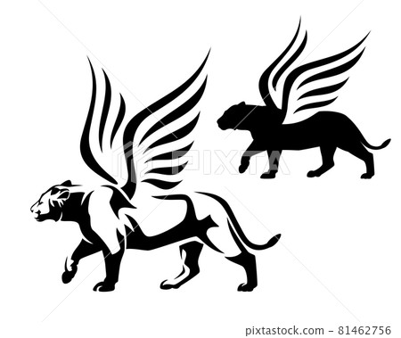 winged lioness side view black and white vector... - Stock Illustration ...